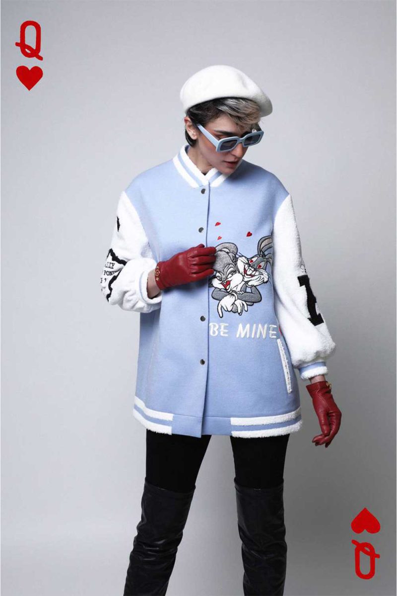 Light blue varsity jacket with white sleeves. ‘In Love BugsBunny ...